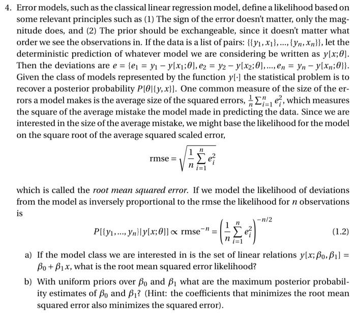 Solved 4. Error models, such as the classical linear | Chegg.com