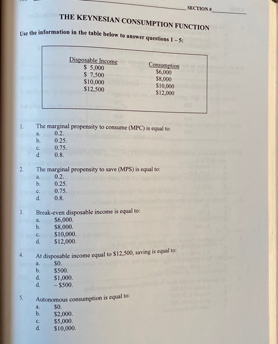Solved SECTION # THE KEYNESIAN CONSUMPTION FUNCTION Use the | Chegg.com