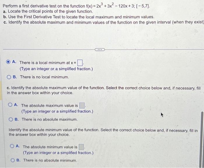Solved Perform a first derivative test on the function | Chegg.com