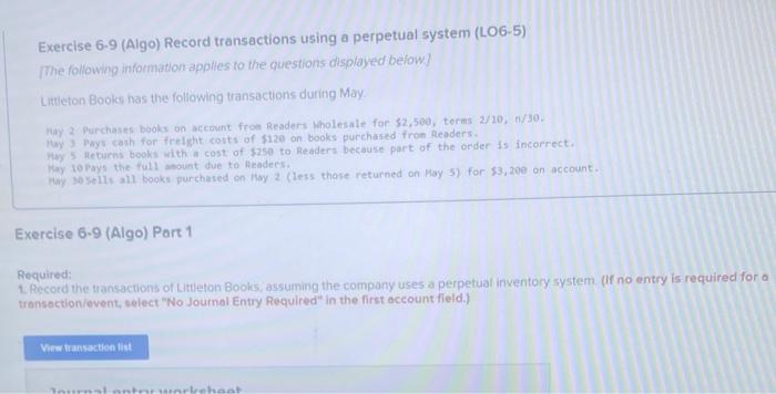 Solved Exercise 6-9 (Algo) Record transactions using a | Chegg.com