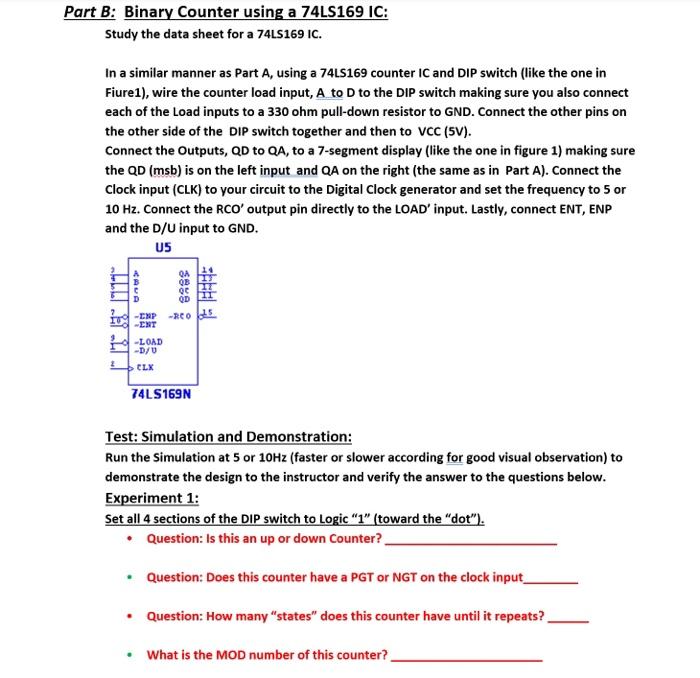 Solved Binary Counter using a 74LS169 IC: Study the data | Chegg.com