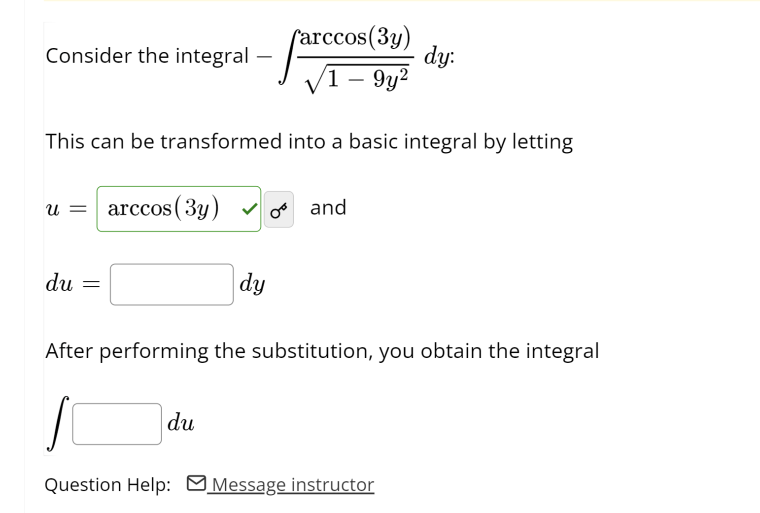 Solved Consider the integral -∫﻿﻿arccos(3y)1-9y22dy ﻿:This | Chegg.com