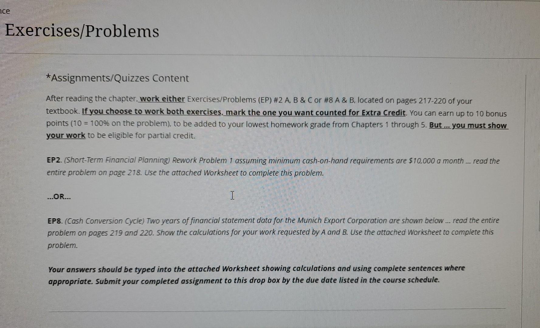 Chapter 6 Worksheet for Problems EP 2 and EP 8. 2. | Chegg.com