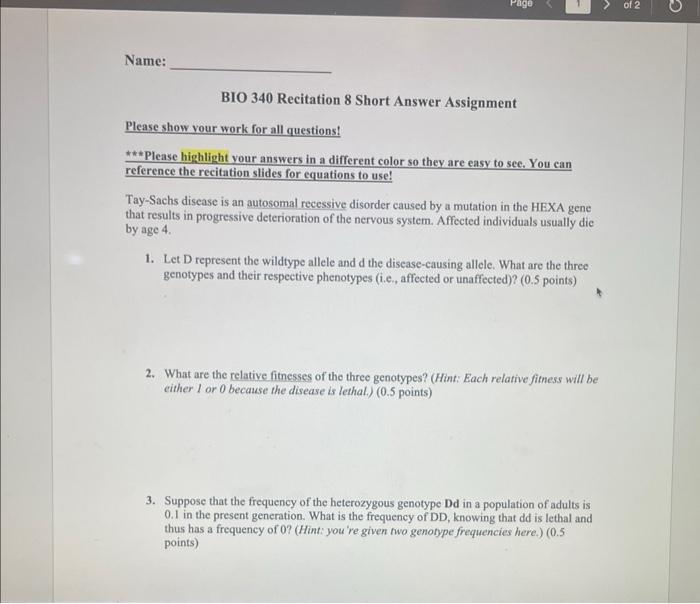 Solved BIO 340 Recitation 8 Short Answer Assignment Please | Chegg.com