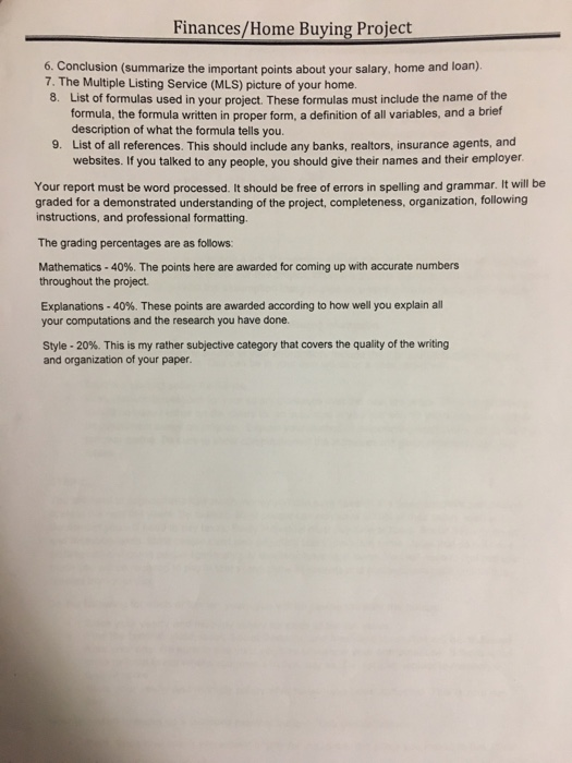 Finances/Home Buying Project OBJECTIVES: Your task is | Chegg.com