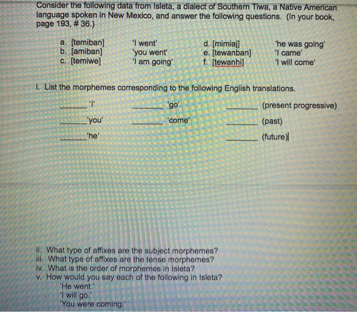 Solved Consider the following data from Isleta, a dialect of | Chegg.com