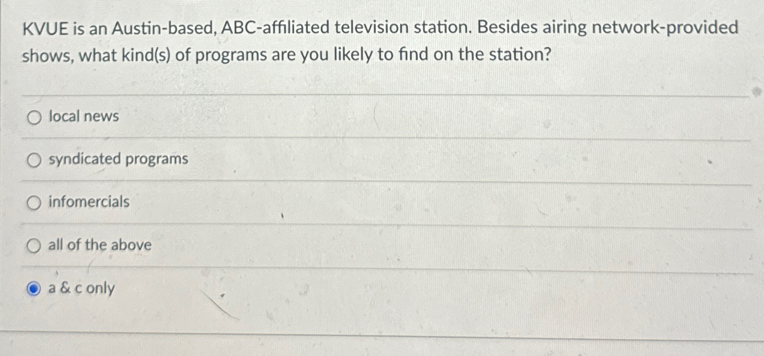 Solved KVUE is an Austin-based, ABC-affiliated television | Chegg.com