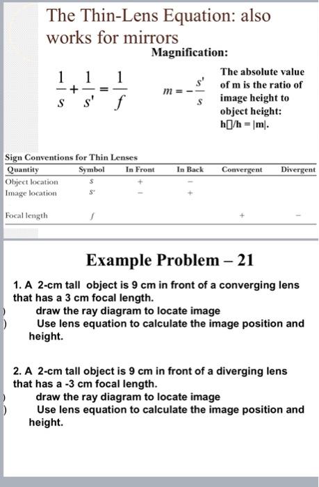 Solved The Thin-Lens Equation: also works for mirrors | Chegg.com