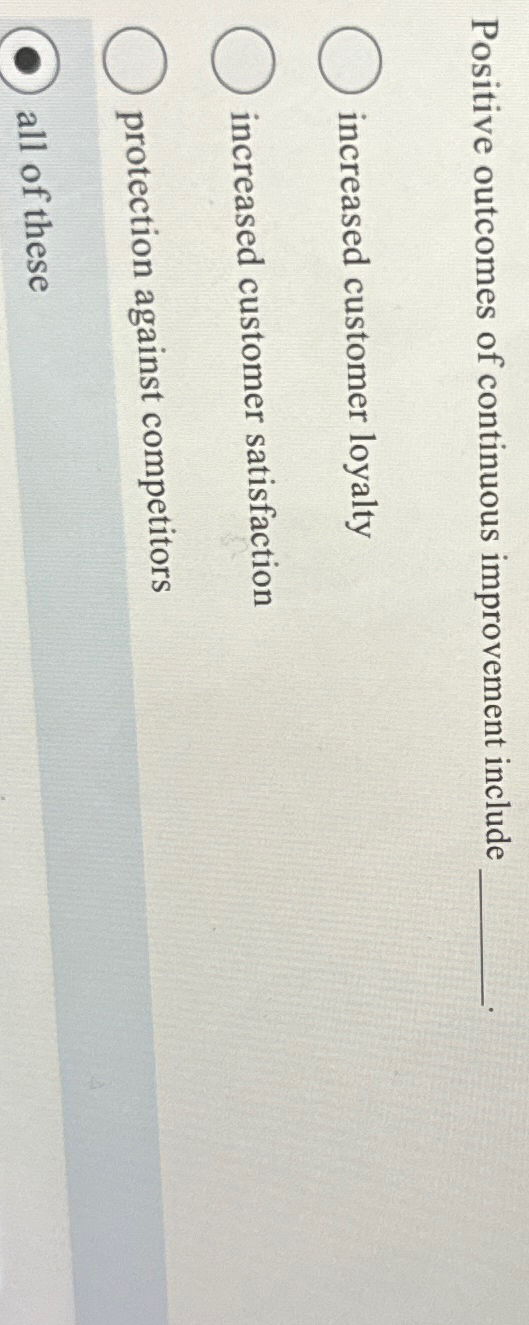 Solved Positive outcomes of continuous improvement | Chegg.com