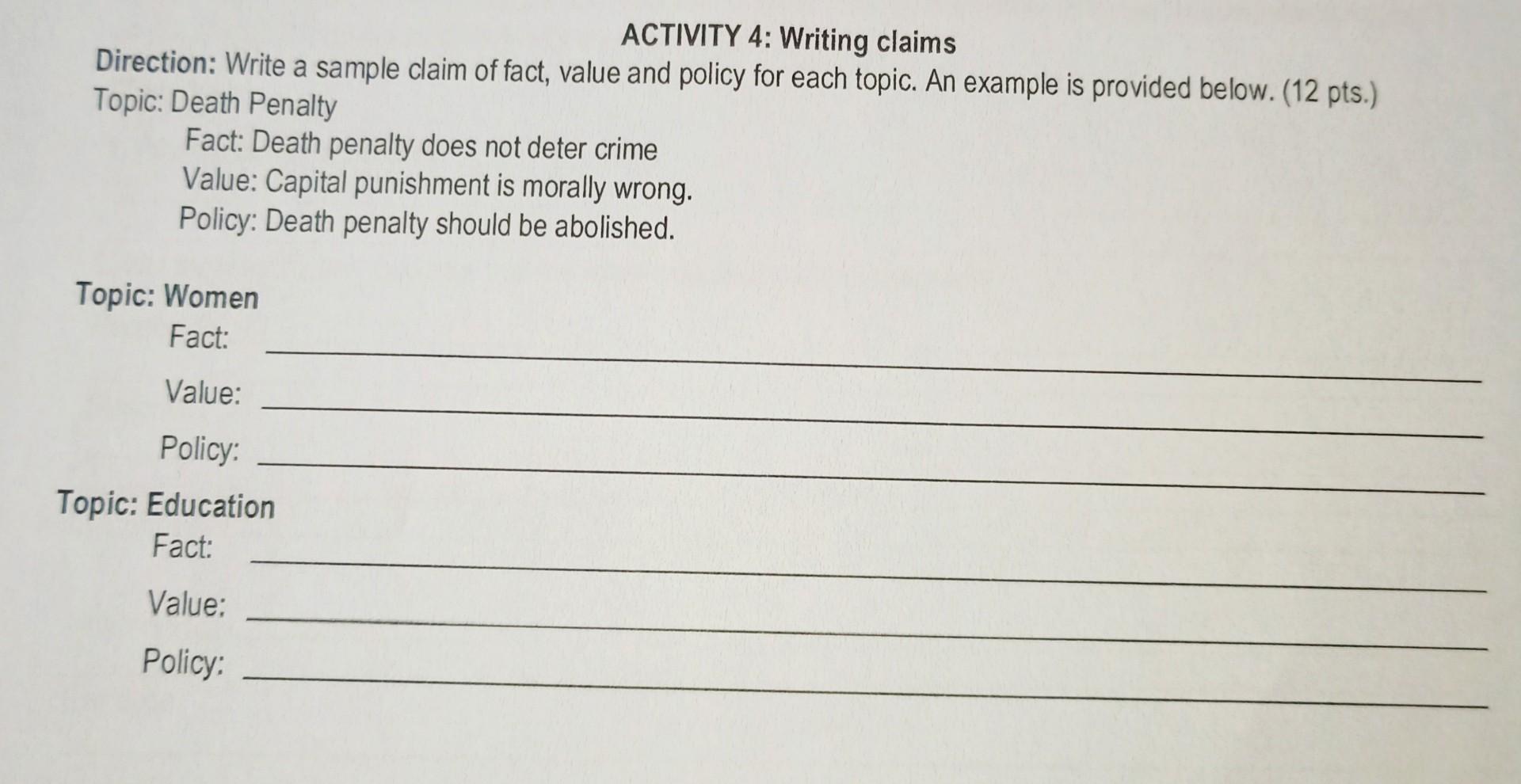 Solved Write A Sample Claim Of Fact Value And Policy For Chegg