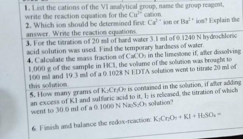 Solved 1. List the cations of the VI analytical group, name | Chegg.com