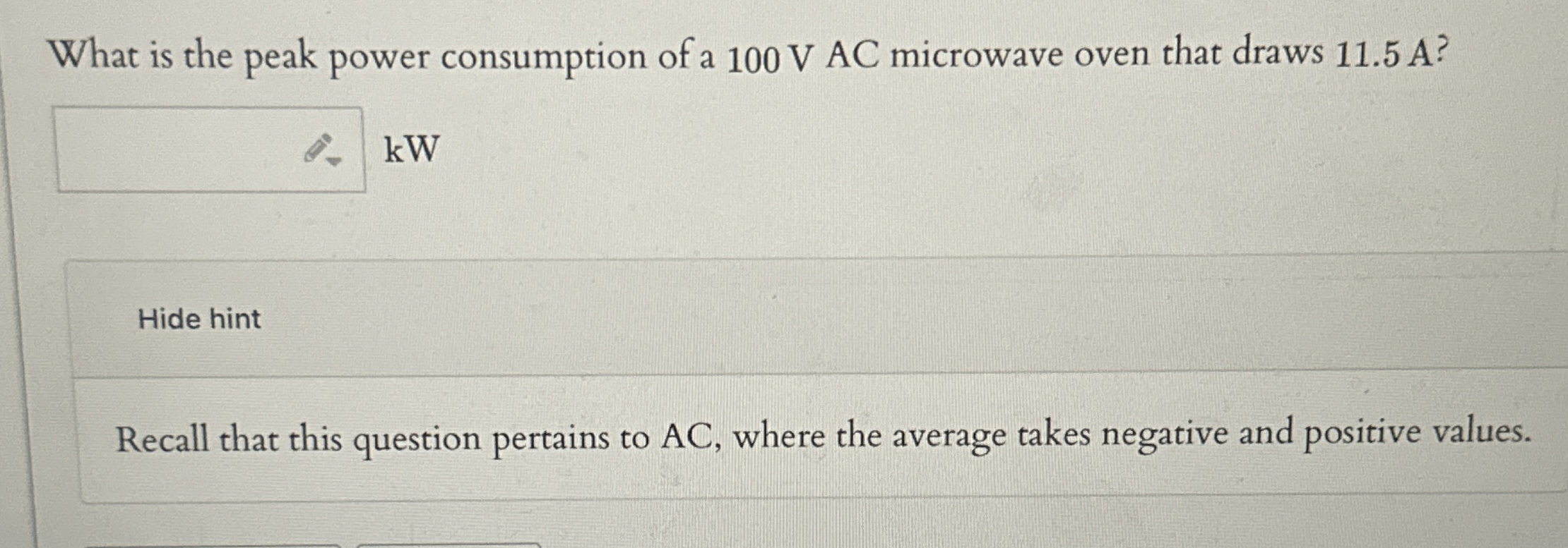 Solved What is the peak power consumption of a 100 ﻿V AC | Chegg.com