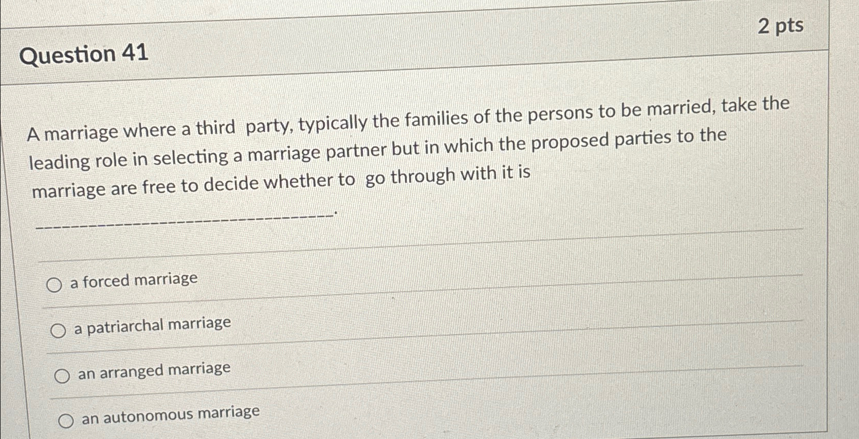 Solved Question 412 ﻿ptsA marriage where a third party, | Chegg.com