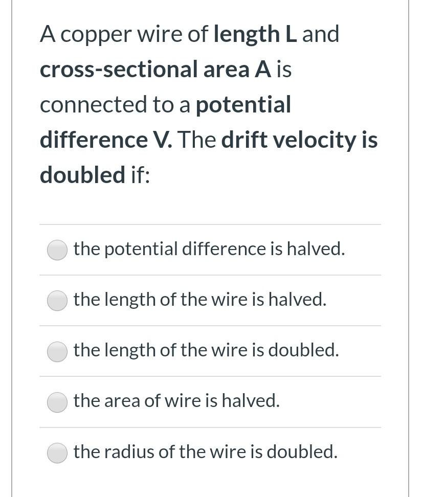 Solved A copper wire of length L and cross-sectional area A | Chegg.com