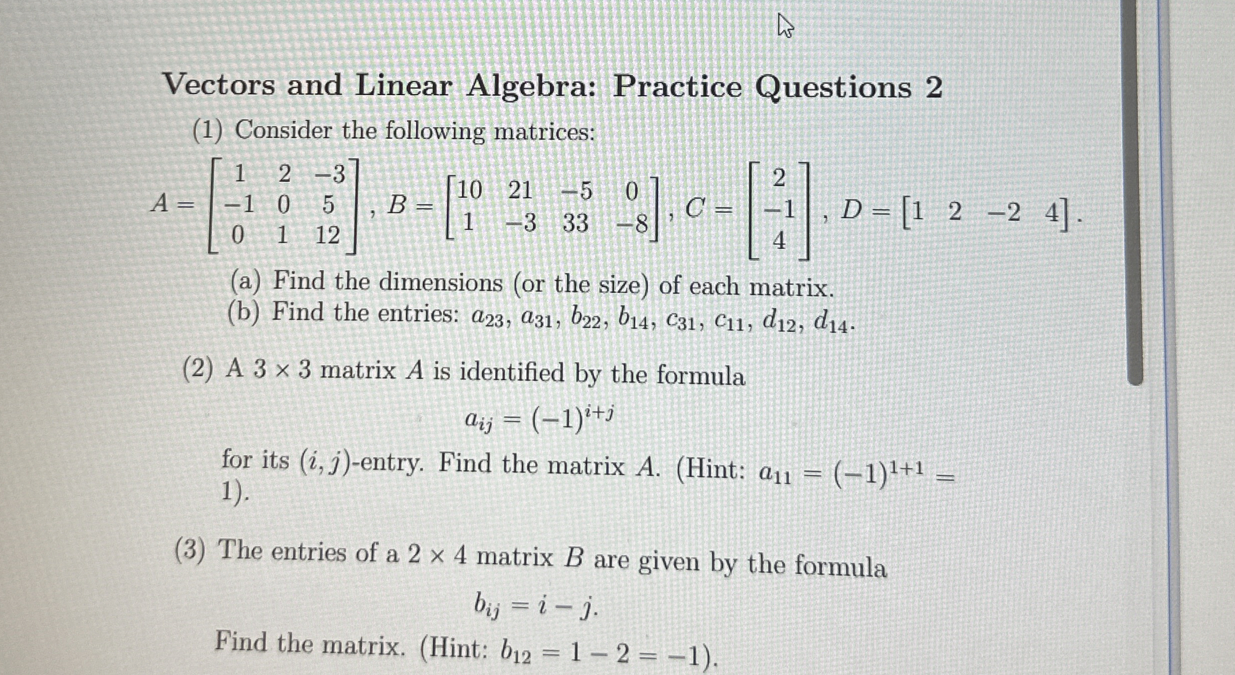 Vectors and Linear Algebra: Practice Questions 2(1) | Chegg.com