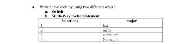 Solved 4. Write a jave code by using two different ways : a. | Chegg.com Solved 4. Write a jave code by using two different ways : a. | Chegg.com