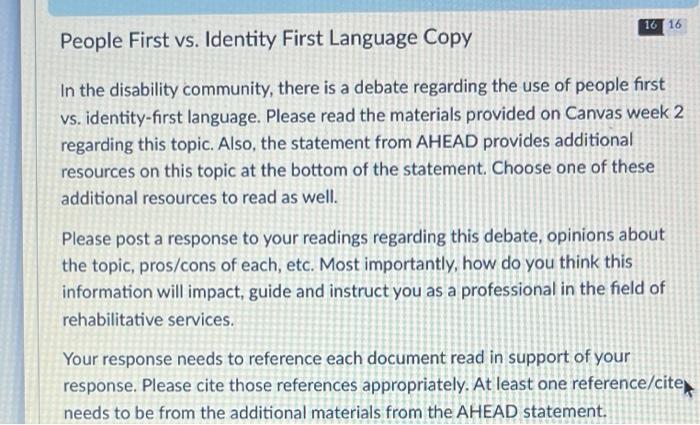 Solved People First vs. Identity First Language Copy In the | Chegg.com
