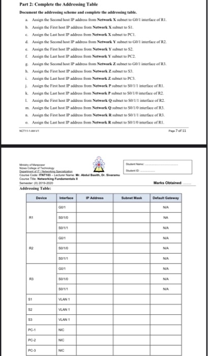 Solved Part 2: Complete the Addressing Table Document the | Chegg.com