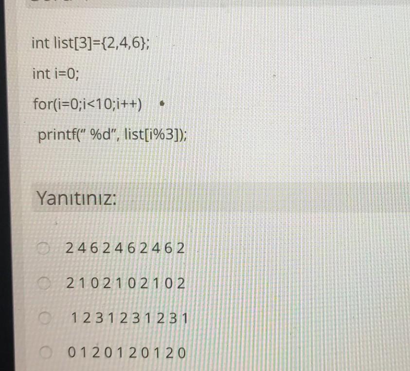 Solved int list[3]={2,4,6}; int i=0; for(i=0;i
