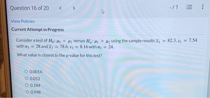 Solved Consider a test of H0:μ1=μ2 versus Ha:μ1>μ2 using the | Chegg.com