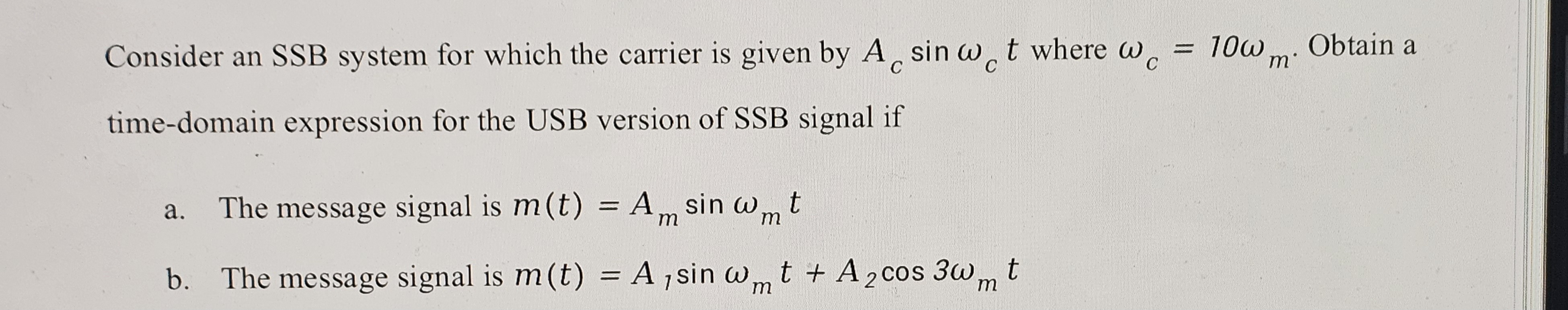 Solved Consider an SSB system for which the carrier is given | Chegg.com