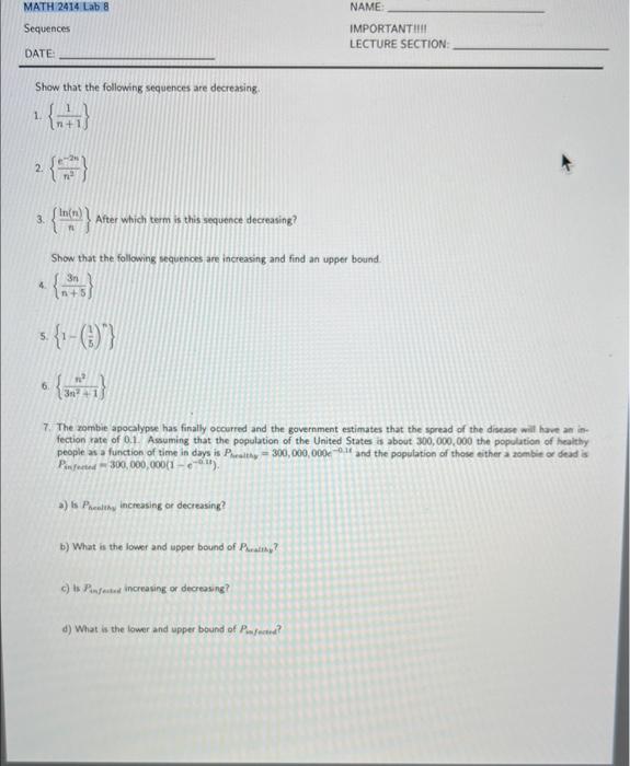 Solved MATH 2414 Lab 8 NAME: Sequences IMPORTANTHII LECTURE | Chegg.com