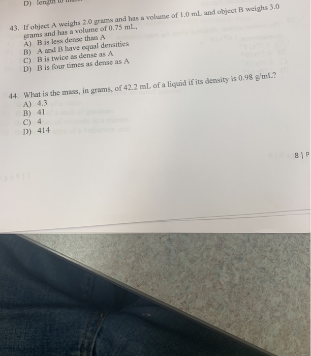 Solved D) 43. If object A weighs 2.0 grams and has a volume | Chegg.com