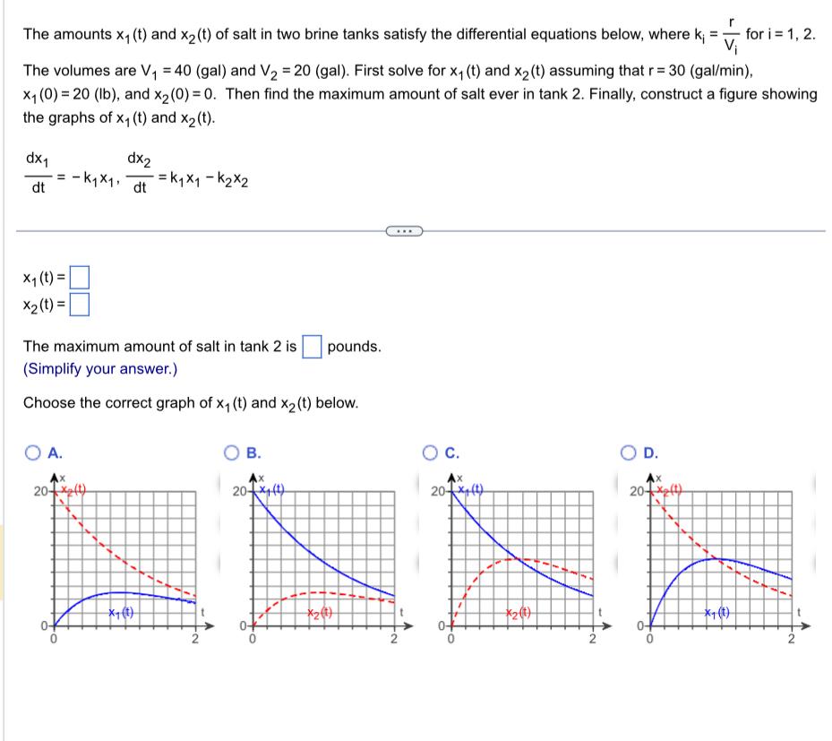 Solved The amounts x1(t) ﻿and x2(t) ﻿of salt in two brine | Chegg.com