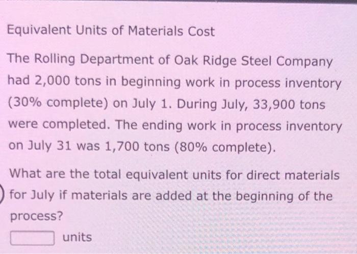 Solved Equivalent Units of Conversion Costs The Rolling | Chegg.com