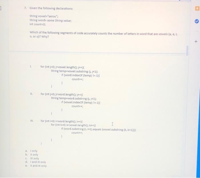 Solved a 7. Given the following declarations String vowel | Chegg.com
