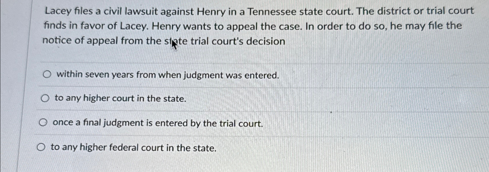 Solved Lacey files a civil lawsuit against Henry in a | Chegg.com