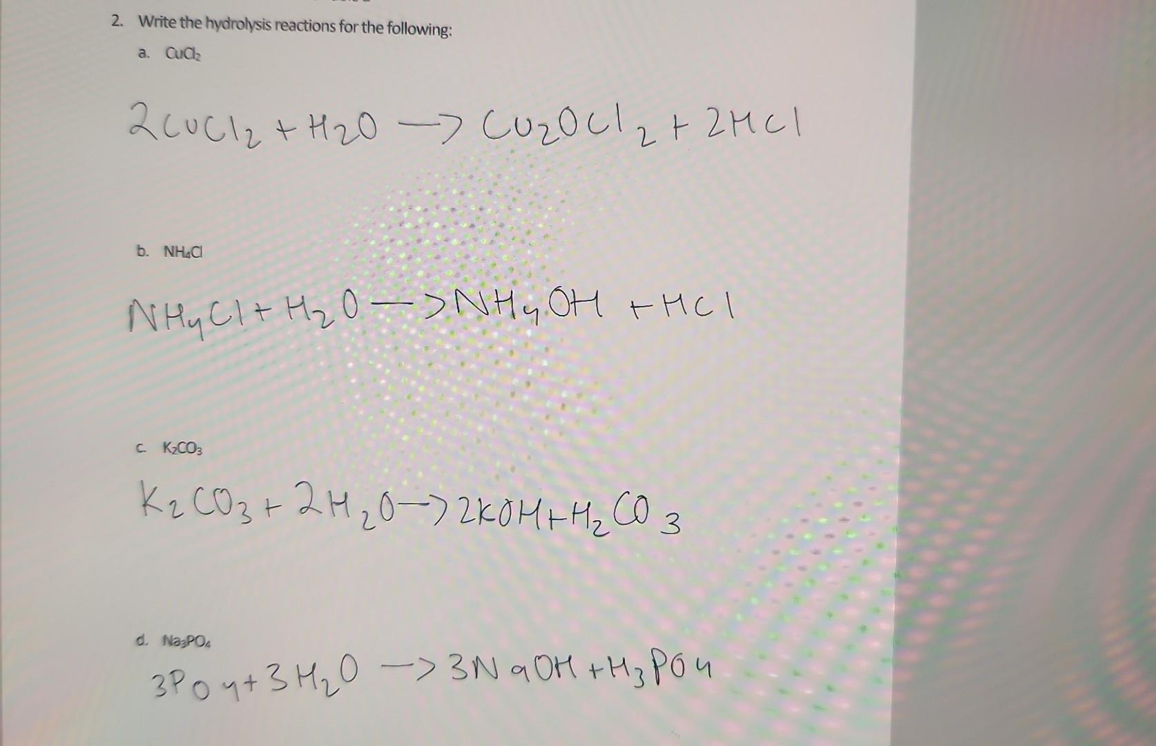 Solved 2. Writethenh a. Cuck 2CuCl2+H2O→Cu2OClO2+2MCl b. | Chegg.com