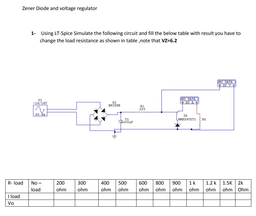 Solved Zener Diode and voltage regulator1- ﻿Using LT-Spice | Chegg.com