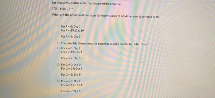 Solved Let A be a 9x9 matrix with the characteristic | Chegg.com