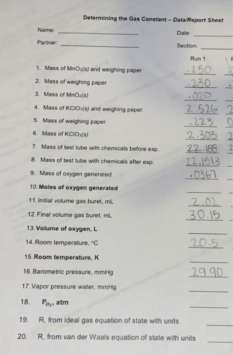 Determining the Gas Constant - Data/Report Sheet | Chegg.com