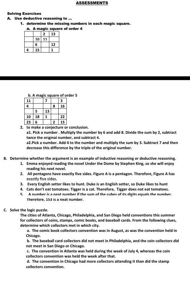 Solved ASSESSMENTS Solving Exercises A. Use deductive | Chegg.com