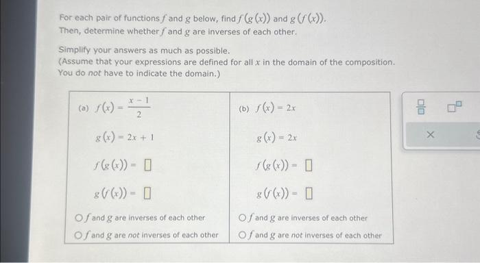 Solved For each pair of functions \\( f \\) and \\( g \\) | Chegg.com