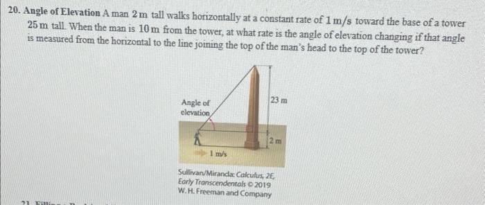 Solved 20. Angle of Elevation A man 2 m tall walks | Chegg.com