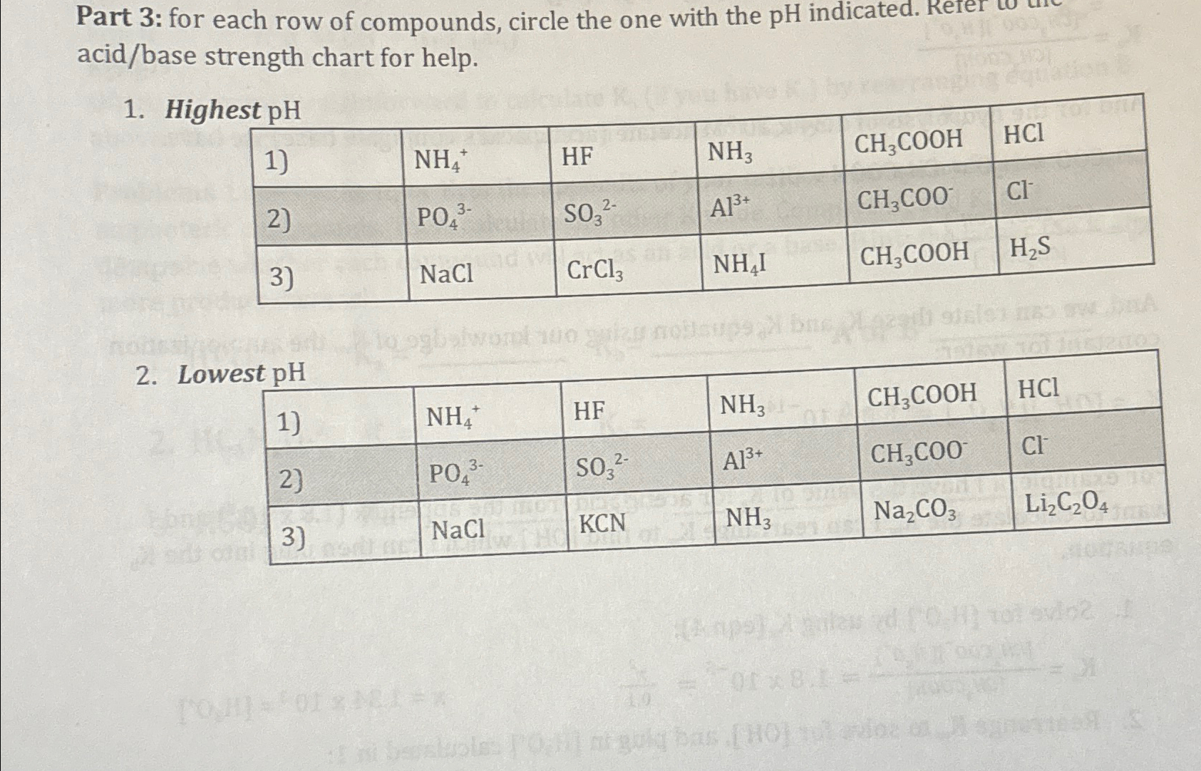 Solved Part 3: for each row of compounds, circle the one | Chegg.com