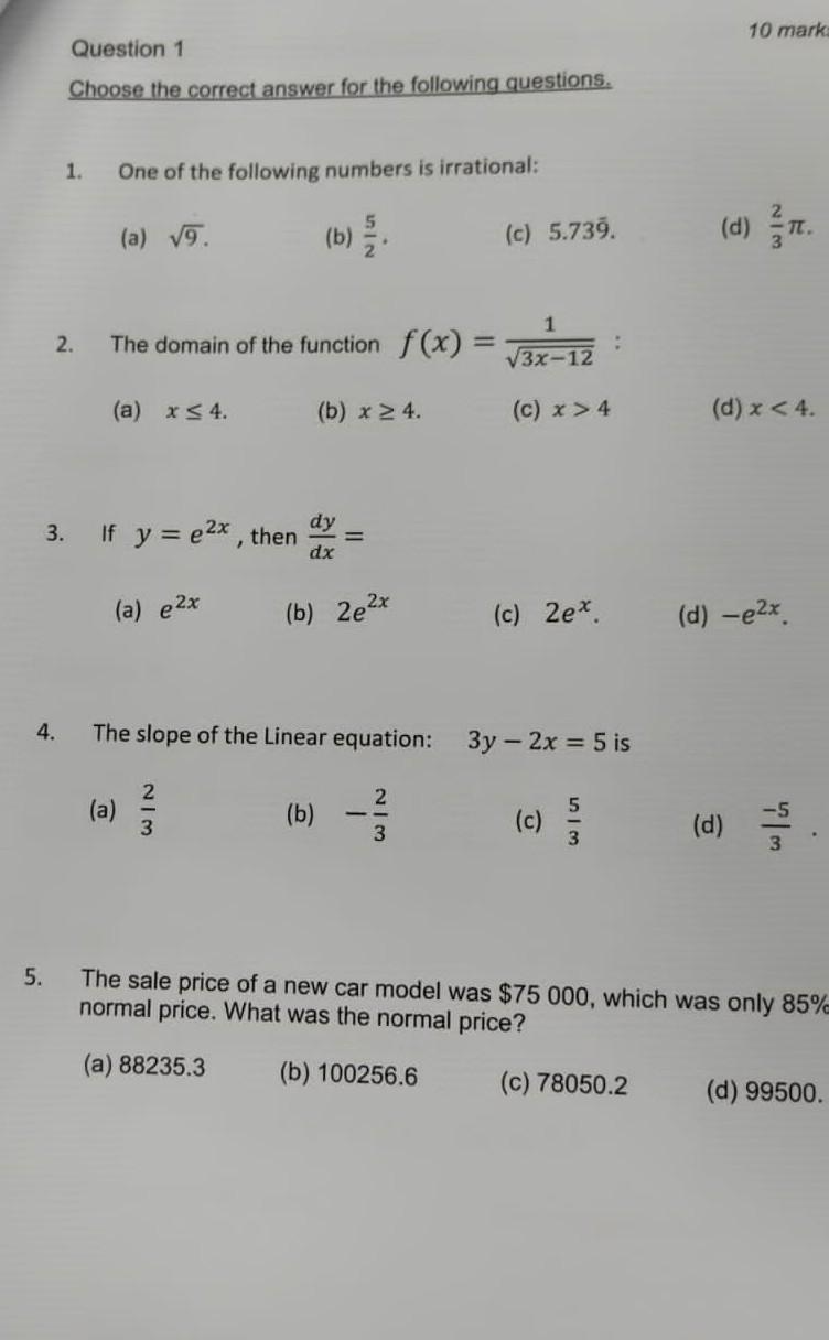 Solved 10 mark Question 1 Choose the correct answer for the | Chegg.com