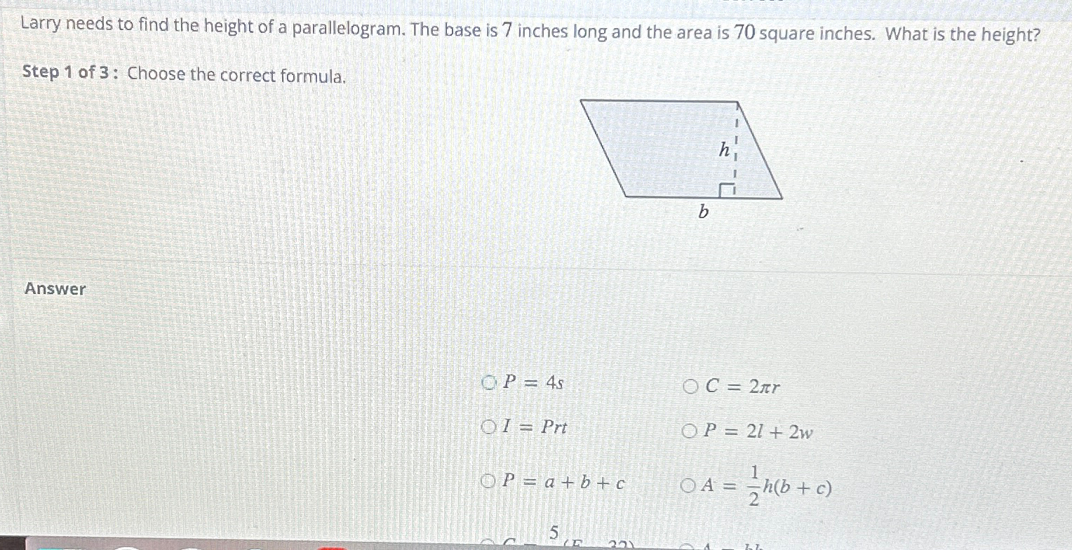 Solved Larry needs to find the height of a parallelogram. | Chegg.com