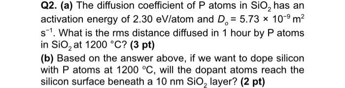 Solved Q2. (a) The diffusion coefficient of P atoms in SiO2 | Chegg.com