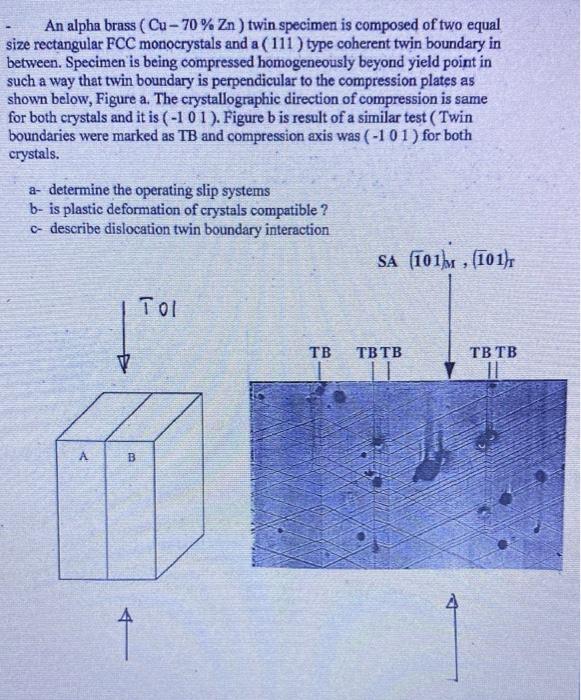 Solved An alpha brass (Cu- 70 % Zn ) twin specimen is | Chegg.com