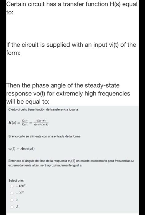 Solved Certain circuit has a transfer function H(s) equal | Chegg.com