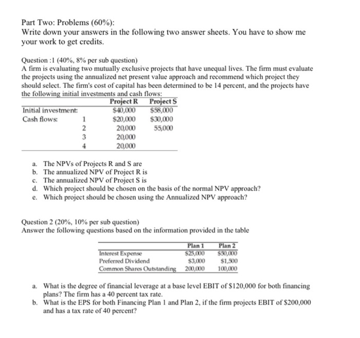 Solved Part Two: Problems (60%): Write down your answers in | Chegg.com