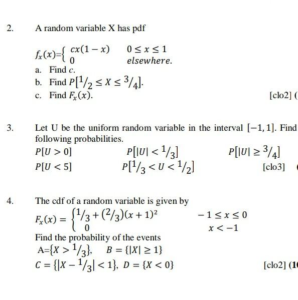 Solved 2. A random variable X has pdf fx(x)={ c+(1 – ») 0 0] | Chegg.com