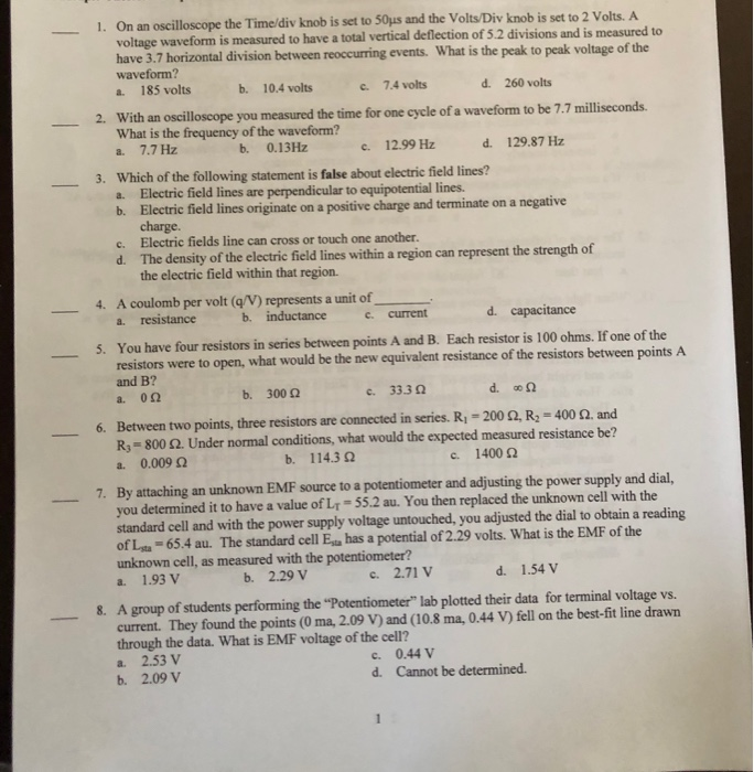 Solved 1. On an oscilloscope the Time/div knob is set to 50s | Chegg.com
