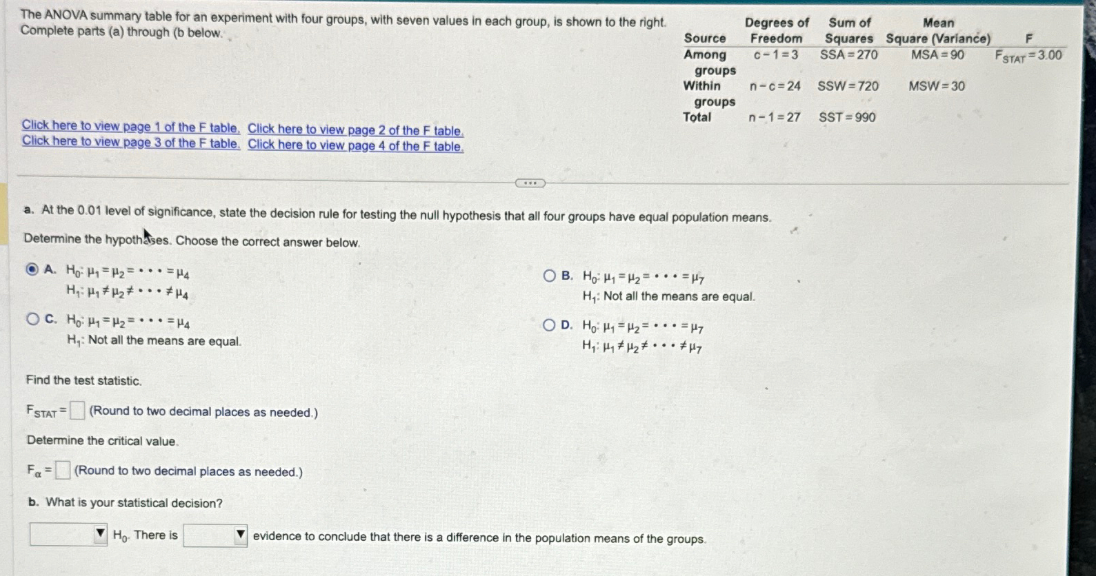 Solved Whats the answers to part a) ﻿and b)The ANOVA summary | Chegg.com