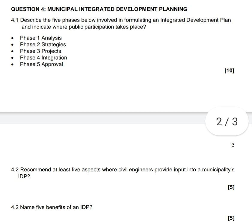 Solved QUESTION 4: MUNICIPAL INTEGRATED DEVELOPMENT PLANNING | Chegg.com