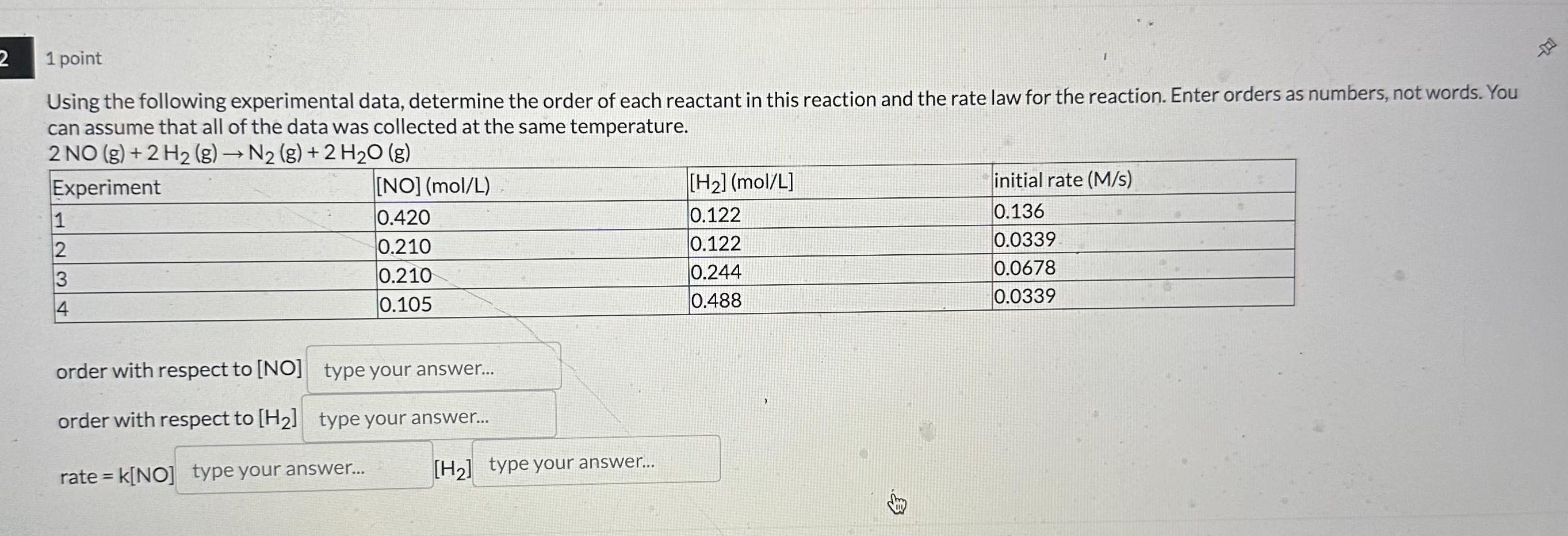 Solved 1 ﻿pointUsing the following experimental data, | Chegg.com